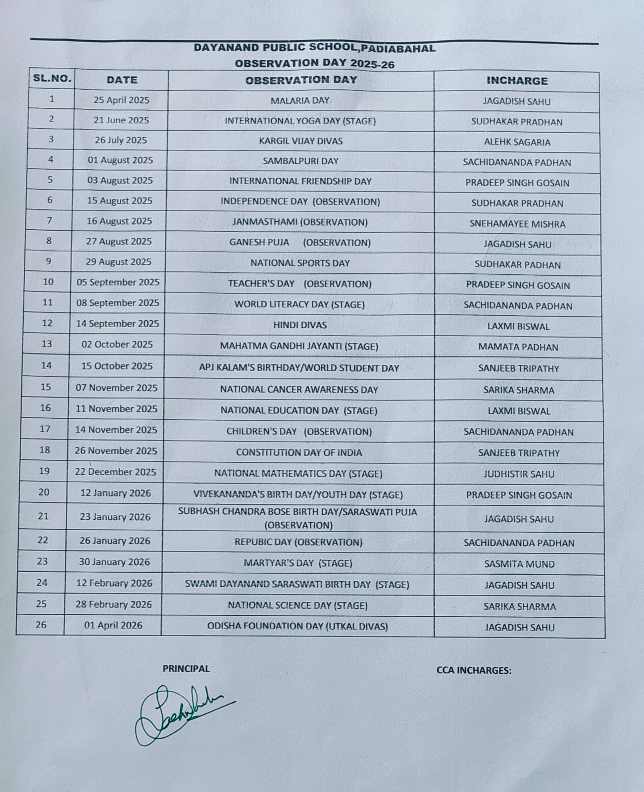Observation Day List 2025-26 - Dayanand Public School Sambalpur
